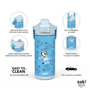 zak! Beacon Insulated Bottle, Bluey - 14 oz - Durable Stainless Steel - Double-Wall Vacuum Insulation, Silicone Spout & Push-Button, Leak-Proof Lid - Dishwasher Safe