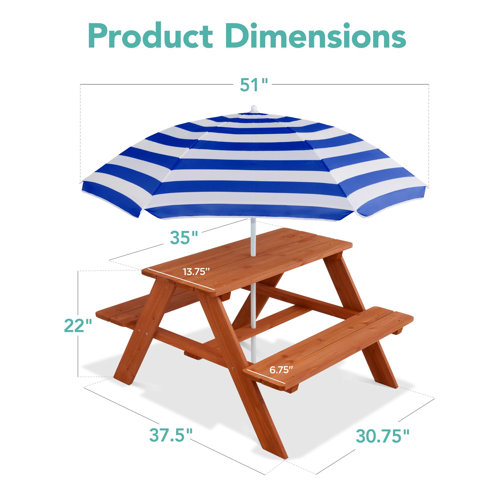 Best Choice Products Kids Wooden Picnic Table, Outdoor Activity & Dining Table w/Adjustable Collapsible Umbrella, Built-in Seats - Golden Brown/Navy