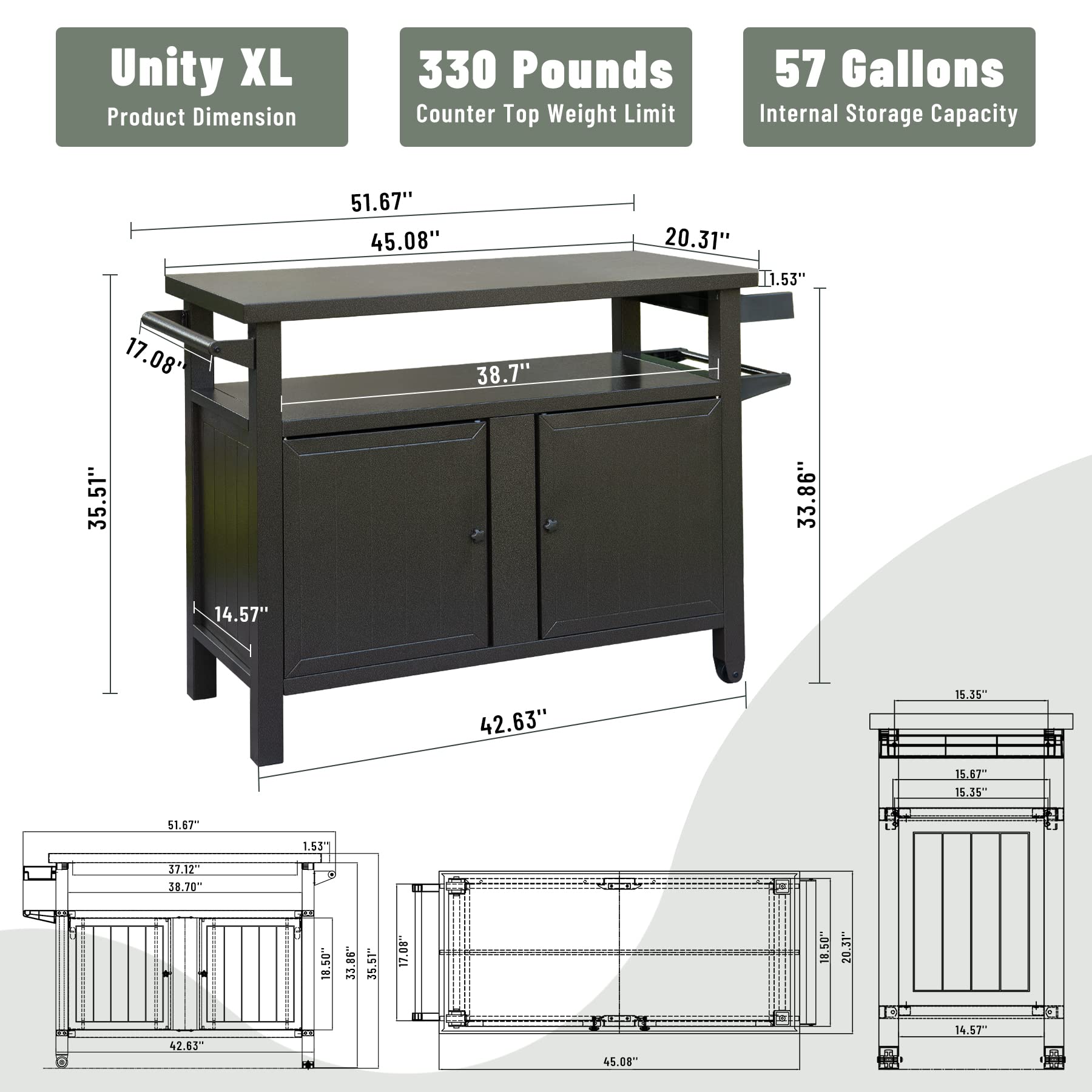 Domi Grill Carts Outdoor with Storage and Wheels, Whole Metal Portable Table and Storage Cabinet for BBQ,Deck,Patio,Backyard (Brown, L45xW20.31xH35.51 Inch)