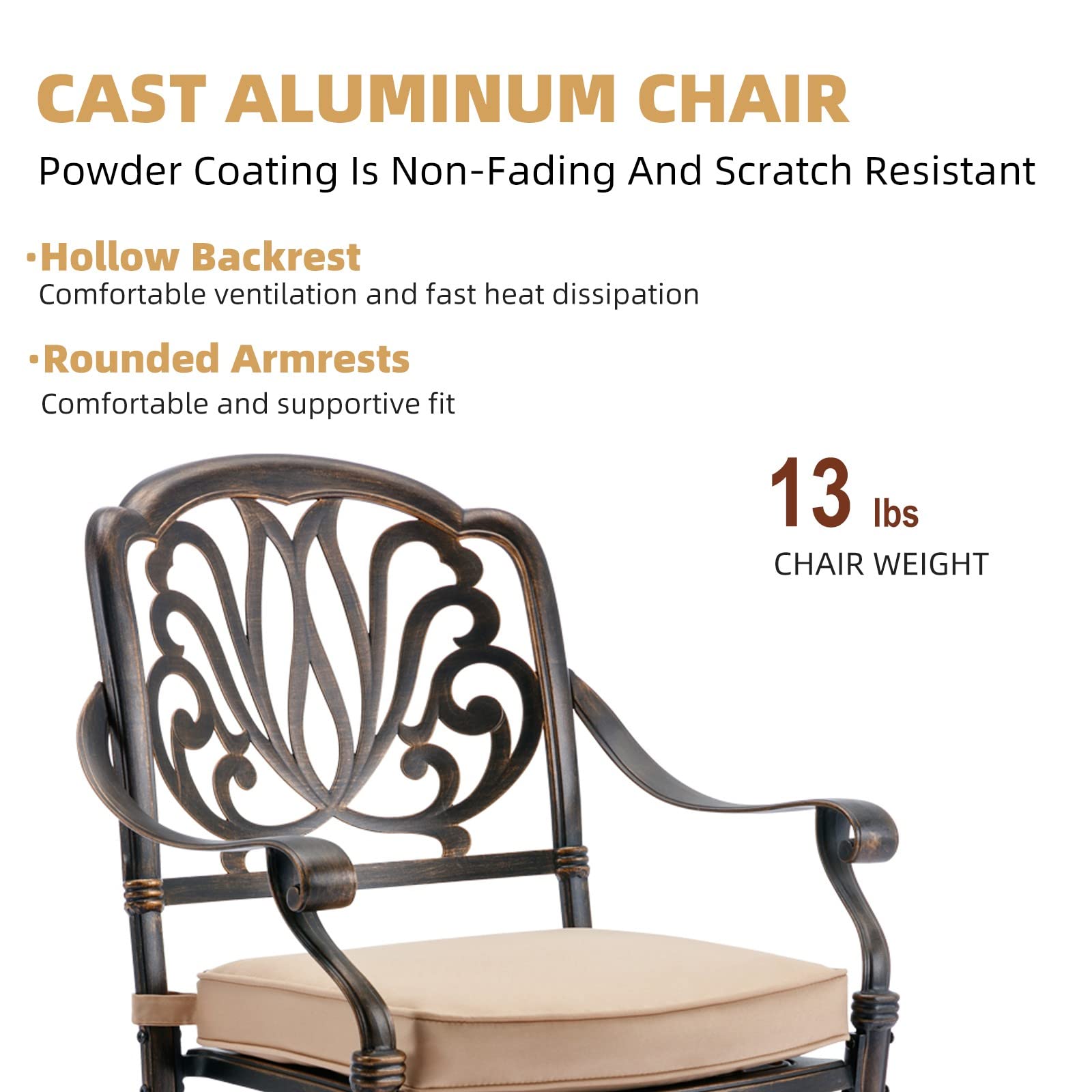 Attliahome 2-Pack Outdoor Cast Aluminum Dining Chairs Set - All-Weather Patio Chairs with Removable Cushions and Armrests and Backrests for Bistro, Restaurant, Garden, Backyard