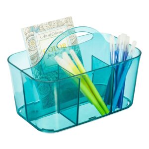 mdesign plastic portable craft storage organizer caddy tote, divided basket bin with handle for crafts, sewing, art supplies - holds brushes, colored pencils - lumiere collection, dark aqua blue tint