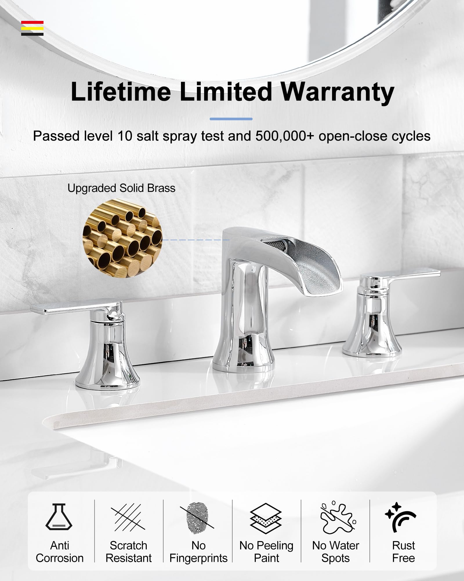 HOIGY Chrome Bathroom Faucet, 2 Handles Brass Widespread Waterfall Faucet for Bathroom Sink, 4-10 Inch Sink Faucet Bathroom 3 Hole, Farmhouse RV Restroom Vanity Faucet with Pop Up Drain & Water Hoses