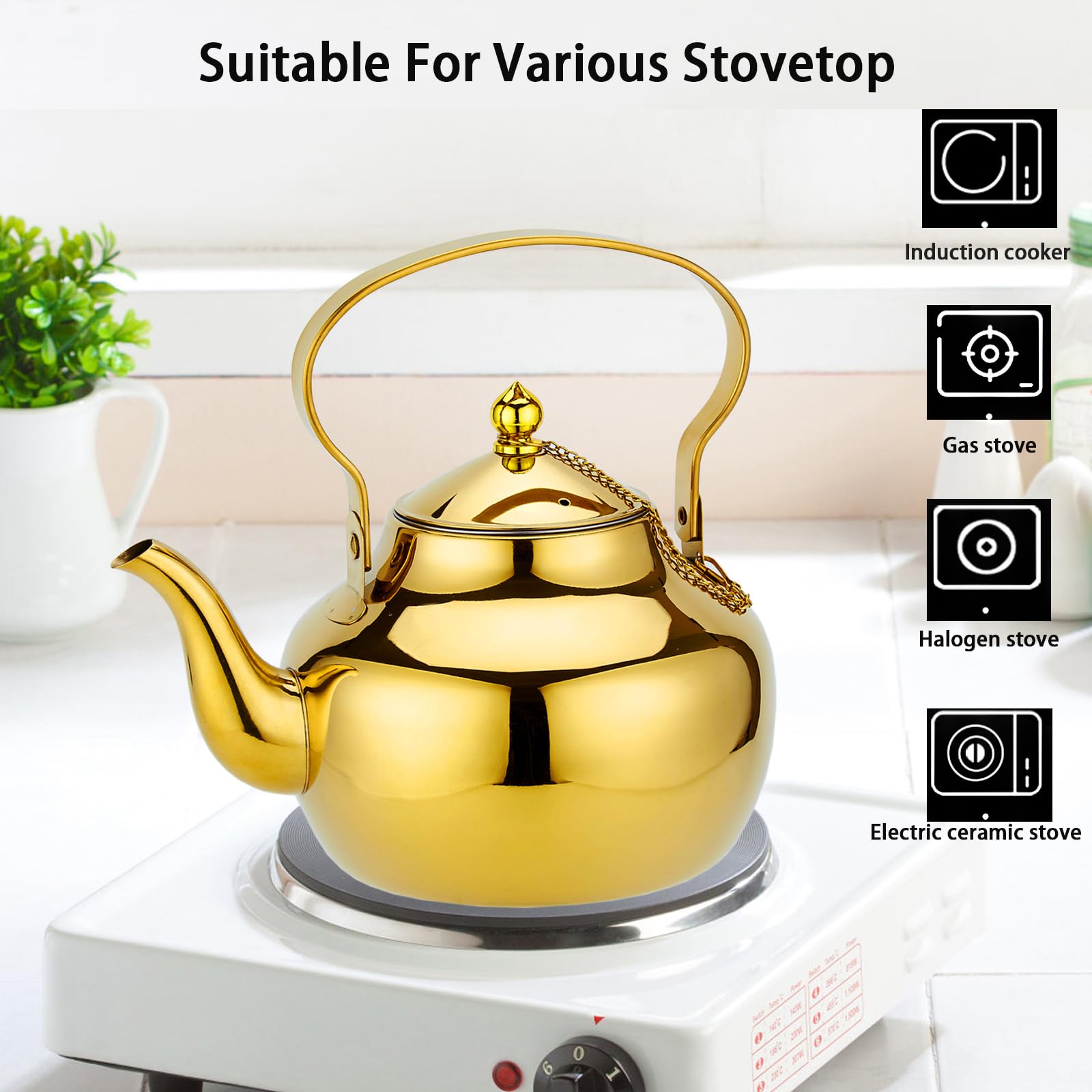 2000ml Gooseneck Teapot with Removable Infuser, 2.1qt Hot Water Kettle Boiling Water Pot, Stainless Steel Tea Kettle, Stovetop Safe Teapot Coffee Kettle for Coffee Blooming, Loose Tea, Gold