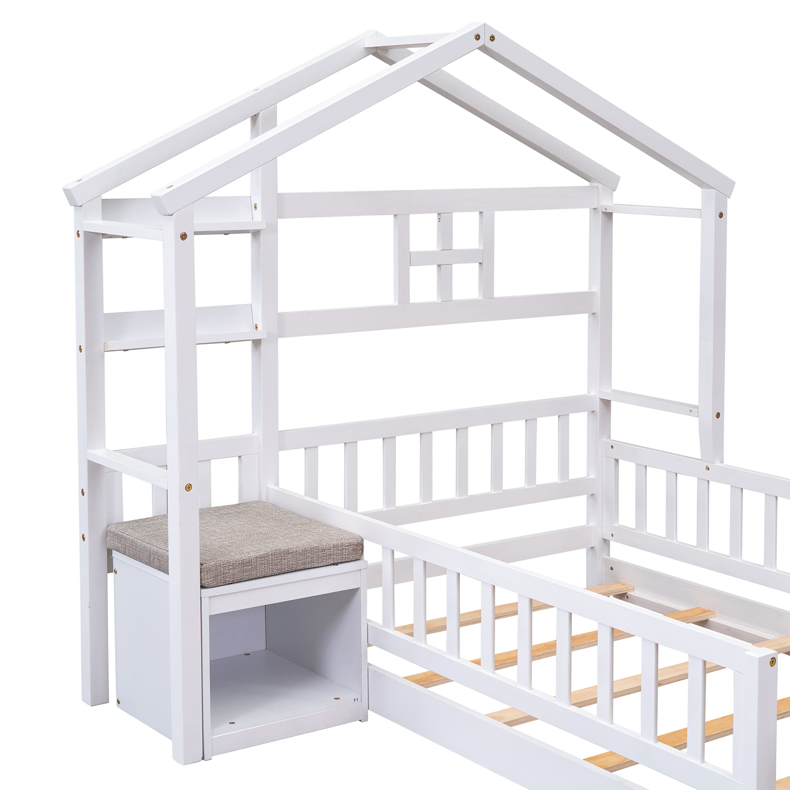 Floor Bed with Fence Railings and House Shape Headboard, Twin Size House Beds with Nightstand and Wooden Slats Support, Kids Montessori Style Playhouse Bed Frame for Girls Boys, White