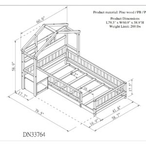 Floor Bed with Fence Railings and House Shape Headboard, Twin Size House Beds with Nightstand and Wooden Slats Support, Kids Montessori Style Playhouse Bed Frame for Girls Boys, White