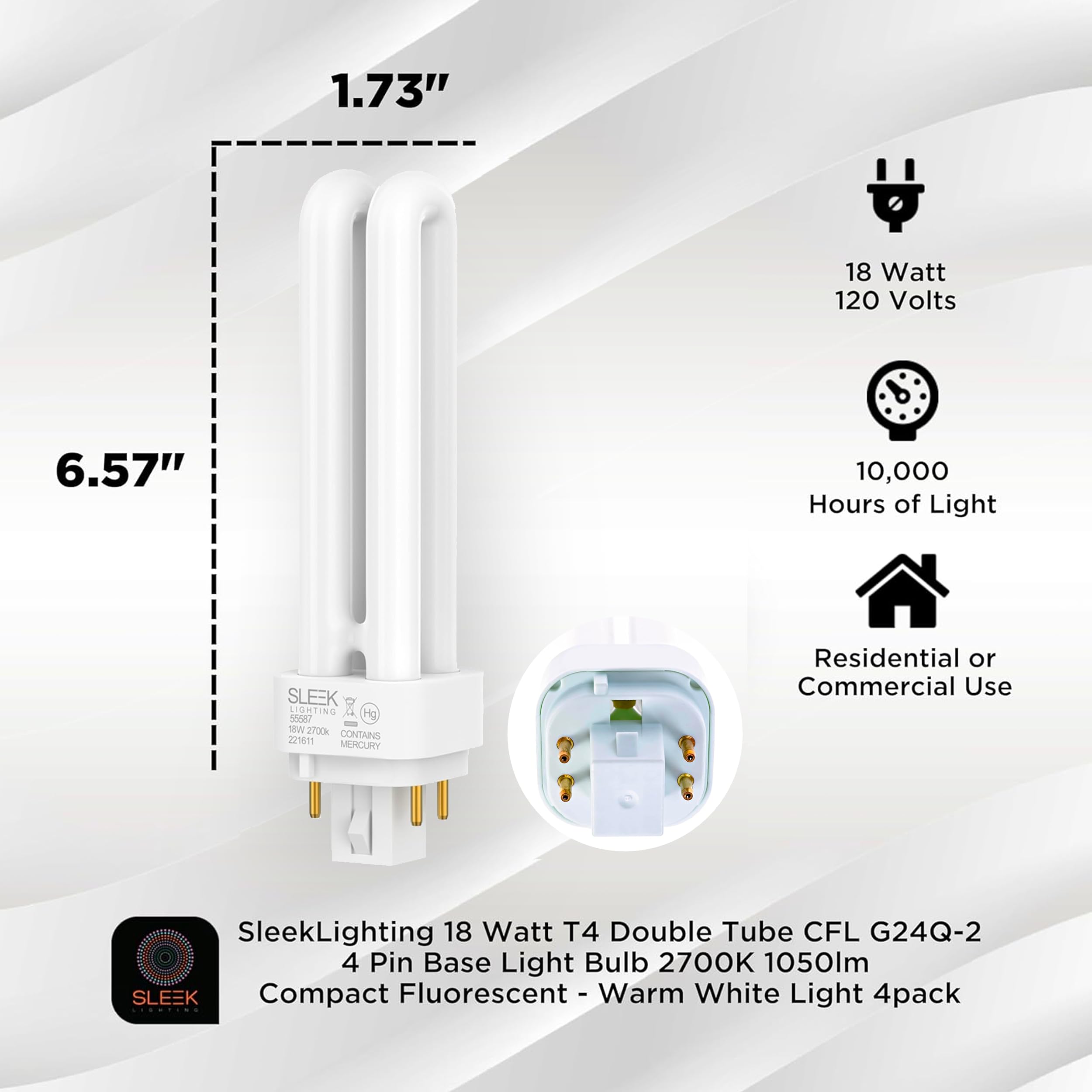 SLEEKLIGHTING 18 Watt T4 Double Tube CFL 4 Pin G24Q-2 Base Light Bulb 2700K 1050lm -Replaces PLC-18W 827 -Compact Fluorescent - Warm White Light 4pack