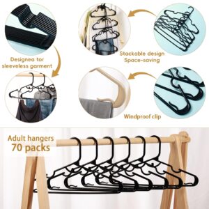 70 Plastic Hangers with Clips Stackable Hangers Nonslip Clothes Hangers Pants Hangers Space Saving Adults Suit Hangers with Clips Short Hanger Black Hangers with 40 Additional Hanger Clips