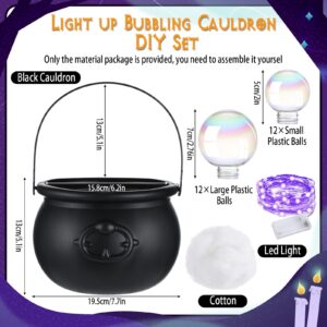 Liliful Light up Bubble Cauldron DIY Set, 7.68" Black Plastic Witches Cauldron with Handle 24 Pcs Clear Plastic Balls and String Light Halloween Cauldron Candy Bowl for Halloween Decorations (Purple)