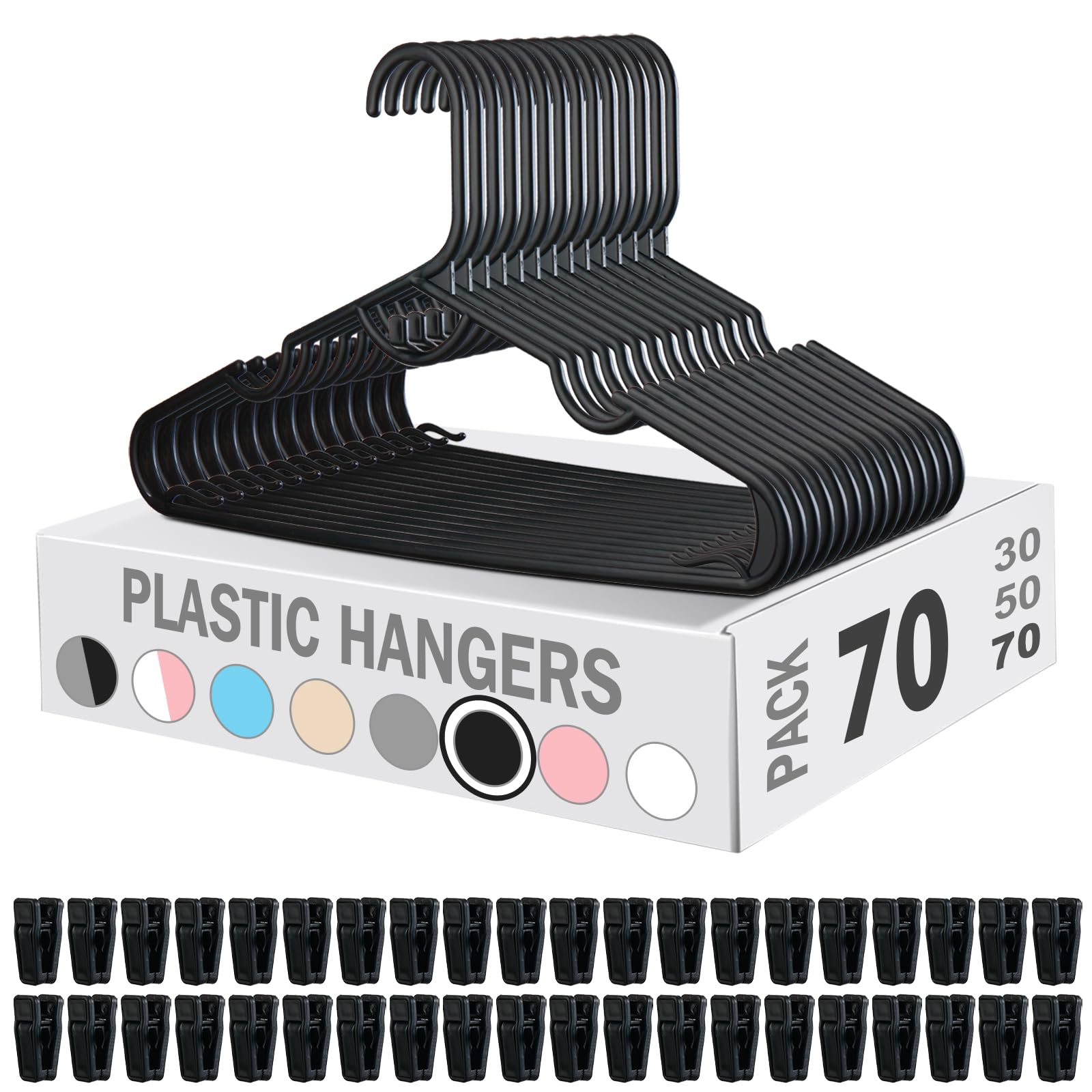 70 Plastic Hangers with Clips Stackable Hangers Nonslip Clothes Hangers Pants Hangers Space Saving Adults Suit Hangers with Clips Short Hanger Black Hangers with 40 Additional Hanger Clips