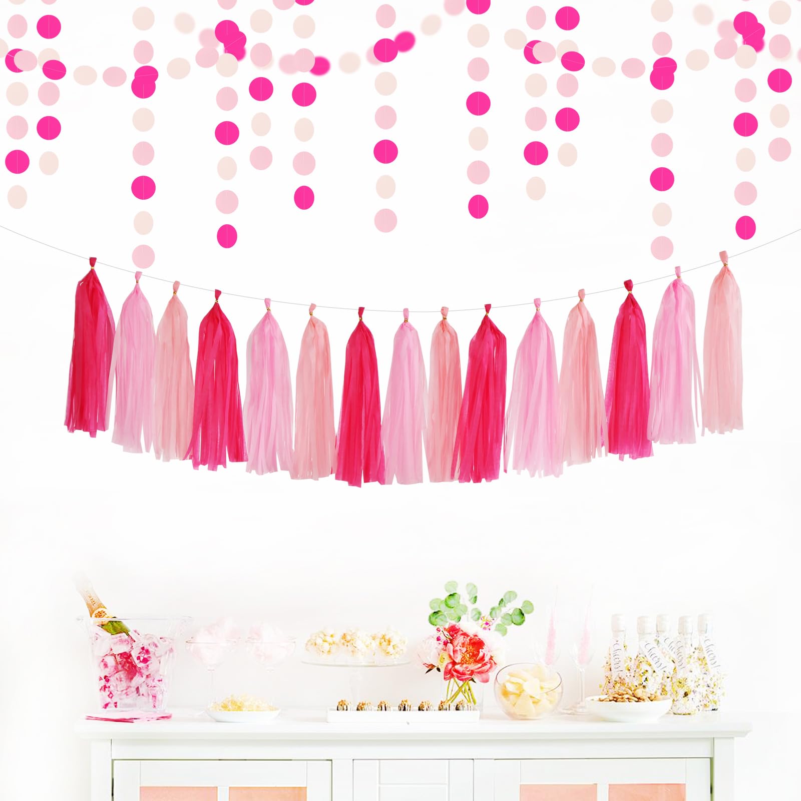 Rose Hot Pink Party Decorations - 23pcs Girl Birthday Baby Shower Tissue Pom Poms Streamers, Bachelorette Bridal Wedding Engagement Supplies Tassel Garland Banner,Valentines Day Favors Decor Ouruola