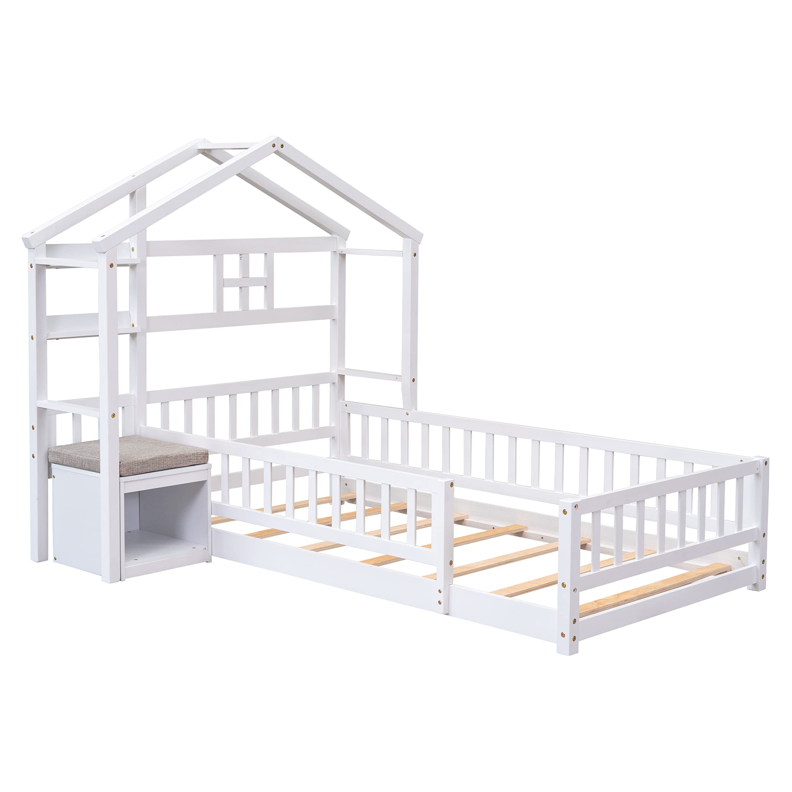 Floor Bed with Fence Railings and House Shape Headboard, Twin Size House Beds with Nightstand and Wooden Slats Support, Kids Montessori Style Playhouse Bed Frame for Girls Boys, White