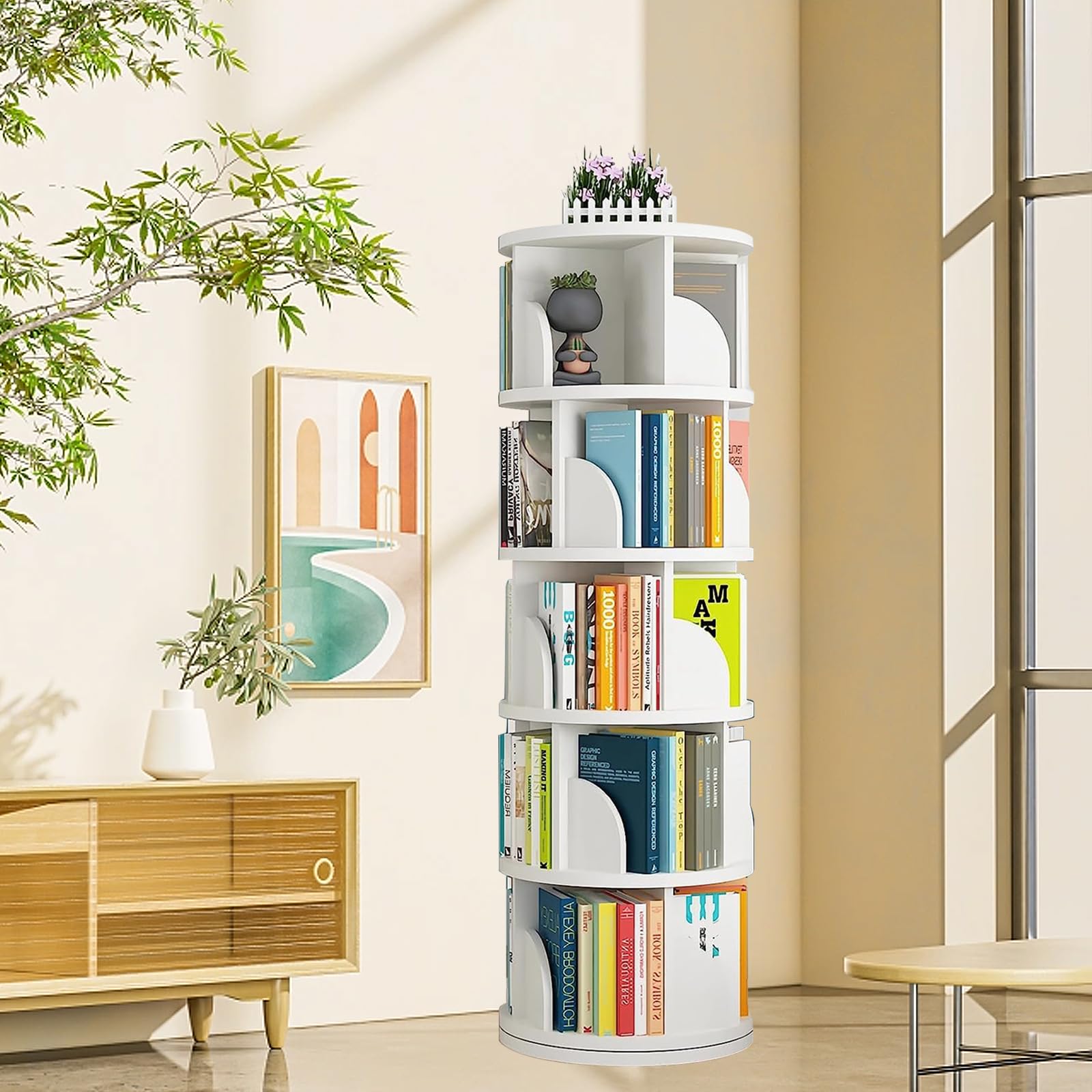 Rotating Bookshelf Tower, 360 Display 5 Tier Floor Standing Bookcase Storage Rack for Kids&Adults, Corner Bookshelf for Small Space, Book Shelf Rotating Bookcase for Bedroom, Living Room, Study