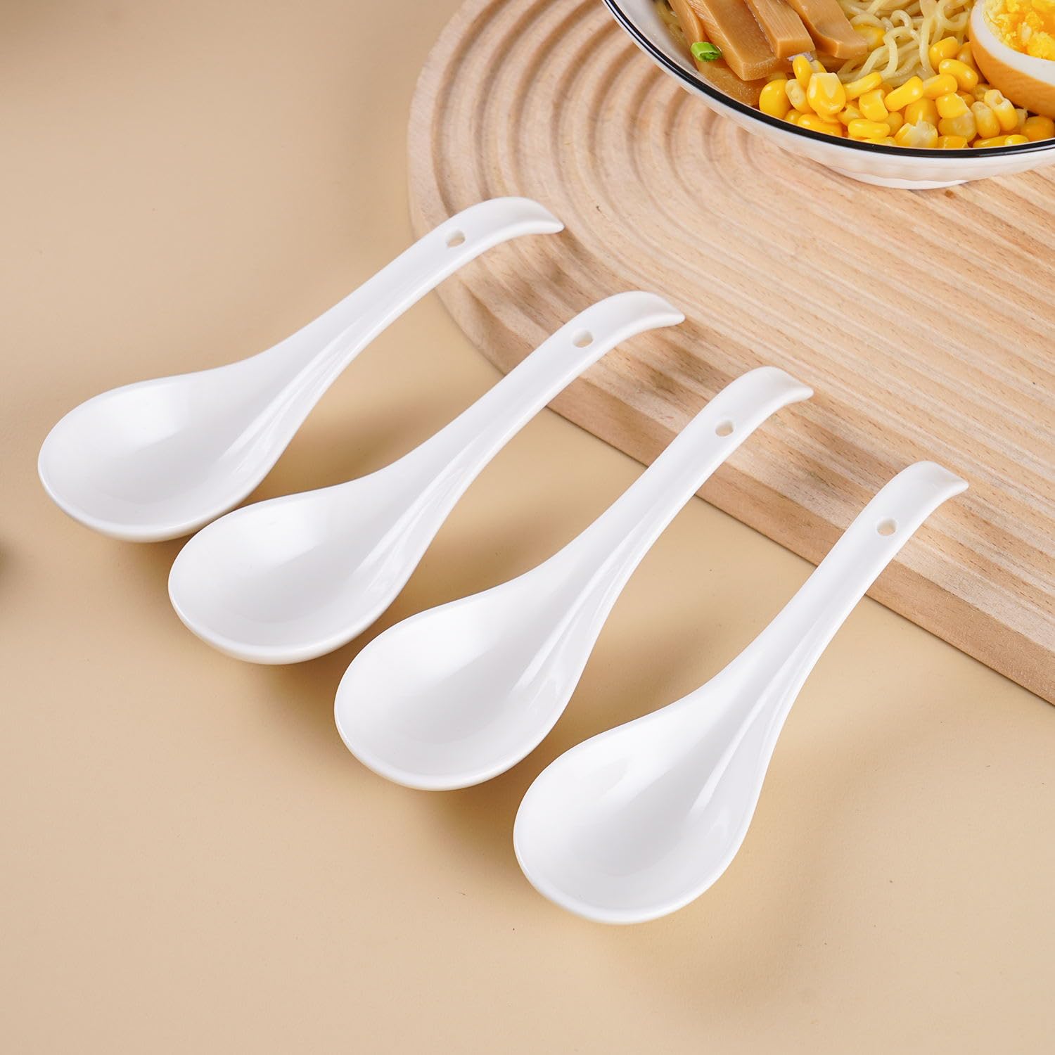 AXIAOLU Asian Soup Spoon,6.75 Inch Ceramic Ramen Spoon,White Chinese Soup Spoons,With Deep Oval Hook Design,for Dumpling,Pho,Noodles,Miso,Wonton,Set Of 4