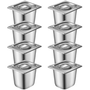 1/6 size 8 pack stainless steam hotel pan with lids, 6" deep 1.2 mm thick stainless steel jam steam pan, steam table pan for restaurant, hotel, party