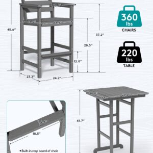 SERWALL Balcony Adirondack Chairs and Table 3 Pieces Set, Adirondack Bar Height Chairs Set of 2 and Bar Table, Outdoor Bar Stools Set, Gray