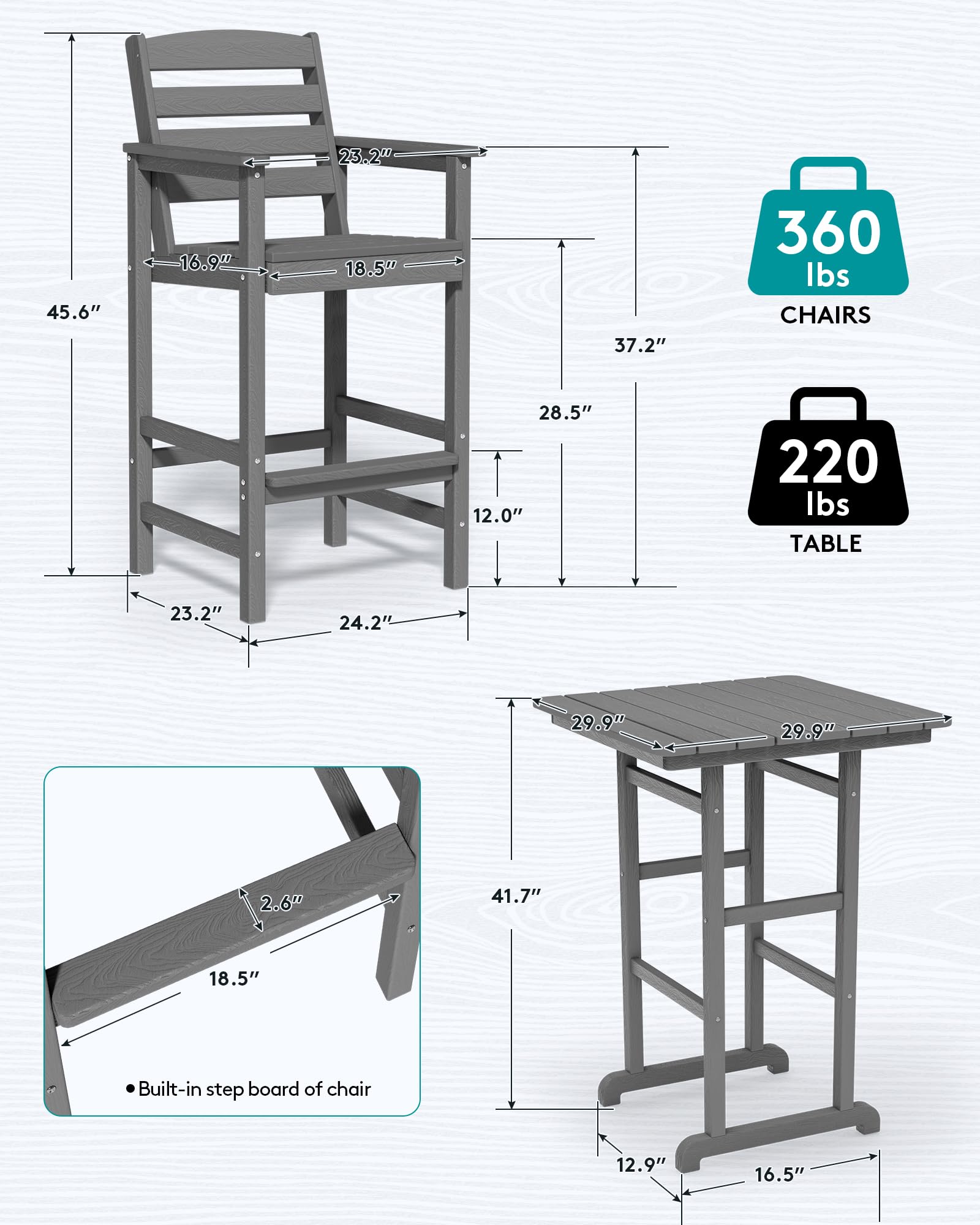 SERWALL Balcony Adirondack Chairs and Table 3 Pieces Set, Adirondack Bar Height Chairs Set of 2 and Bar Table, Outdoor Bar Stools Set, Gray