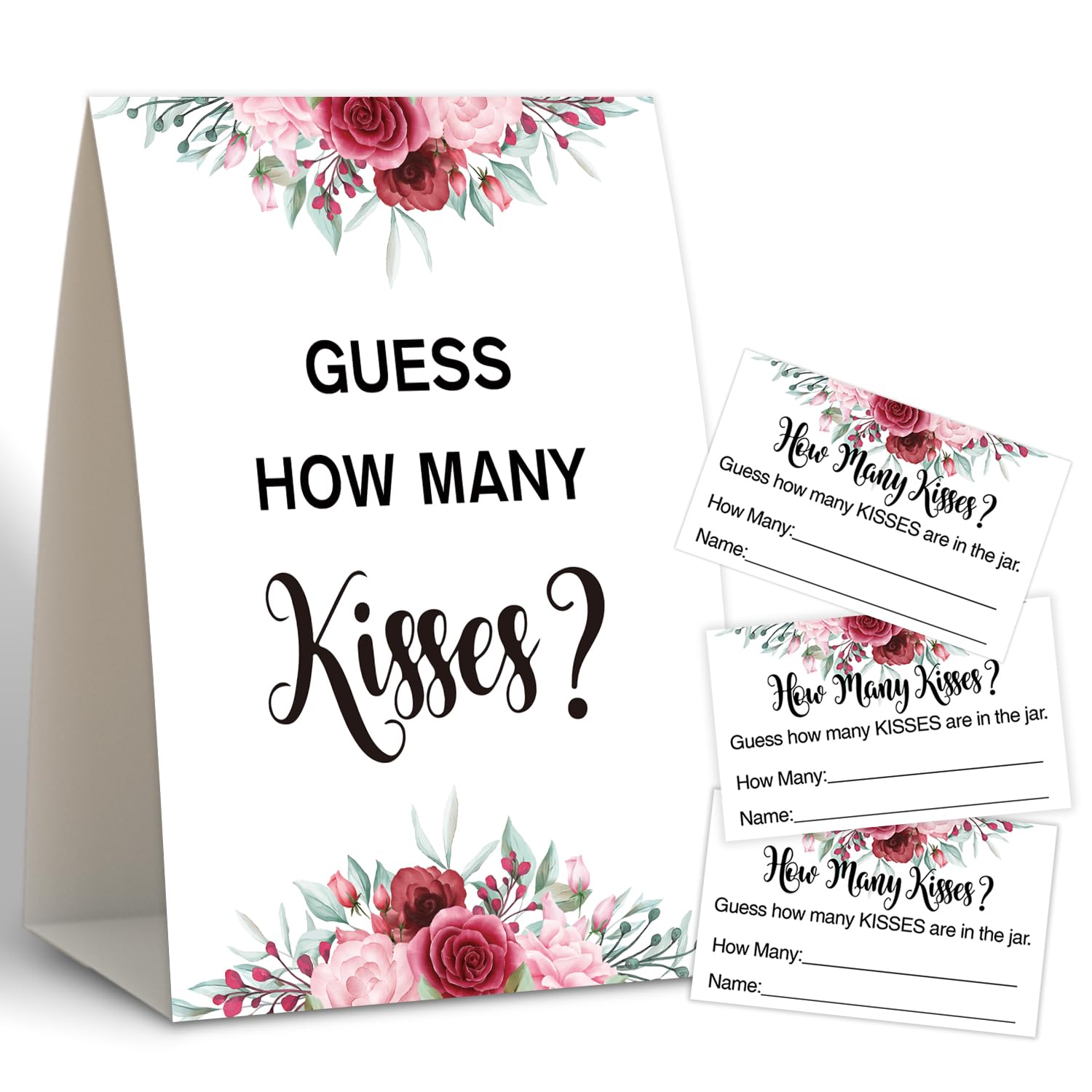 Floral Theme Guess How Many Kisses Bridal Shower Game,Wedding Shower,Bridal Shower Decorations,Popular Bridal Shower Games,Engagement Party Game,Set Including 1 Sign And 50 Guessing Cards-03