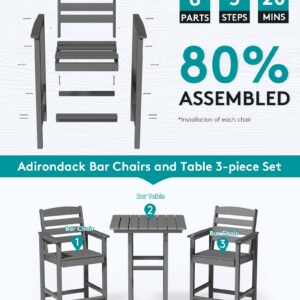 SERWALL Balcony Adirondack Chairs and Table 3 Pieces Set, Adirondack Bar Height Chairs Set of 2 and Bar Table, Outdoor Bar Stools Set, Gray