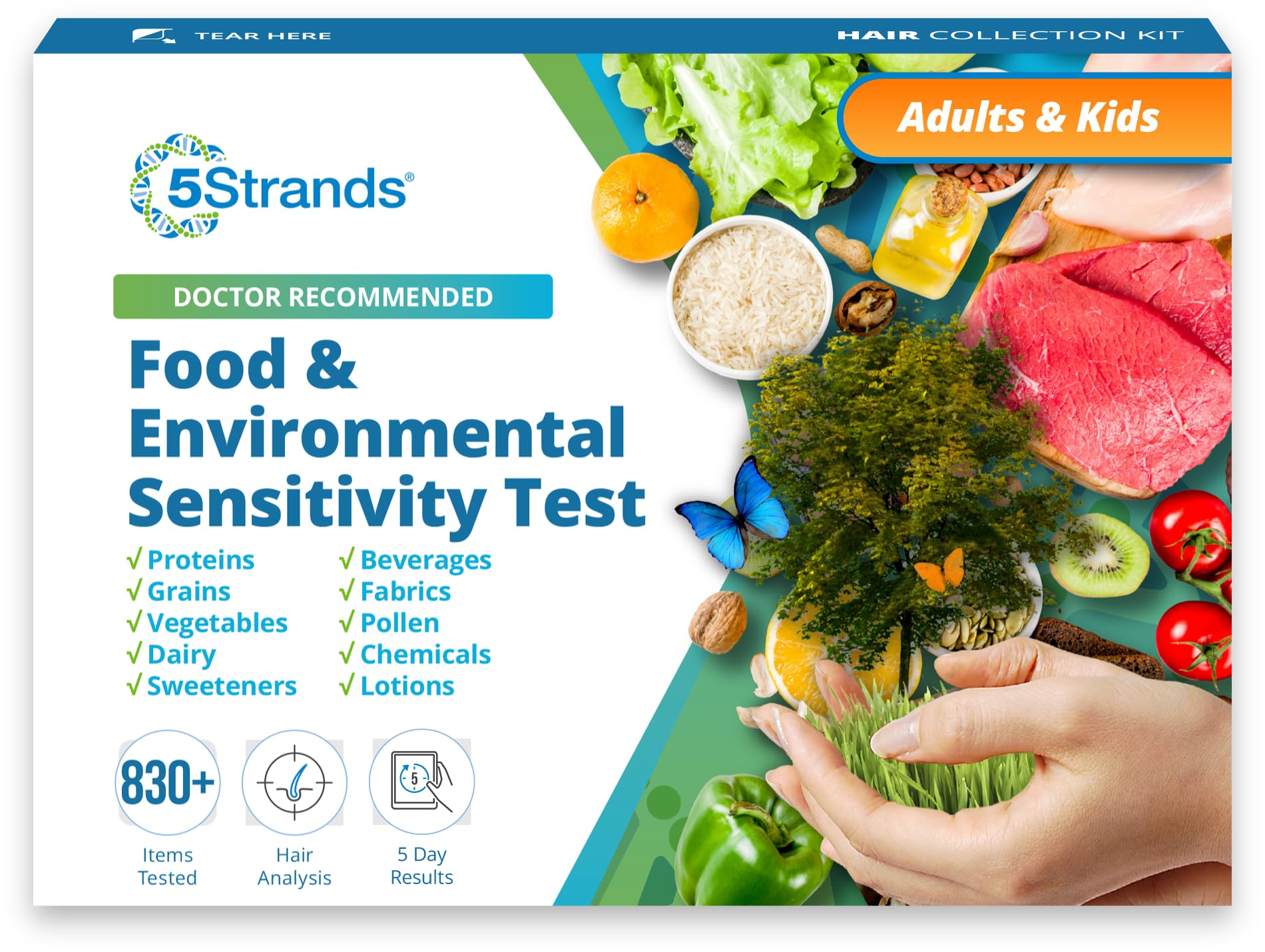 5Strands Food & Environmental Sensitivity Test for Adults & Children, 855 Items Tested, Kids Intolerance Testing Kit, at-Home Hair Analysis, Results in 5 Days