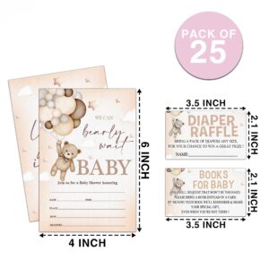 TIOFUNO Set of 25 Baby Shower Invitations, Balloon Bear Gender Reveal Party Invites with Envelopes, Book Request Cards, Diaper Raffle Tickets for Party Decorations Supplies - B12