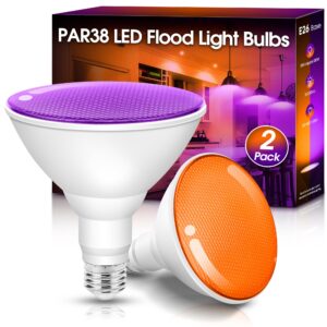 orange and purple flood light bulbs outdoor 2 pack, par38 led purple light bulb 15w(100w equivalent) e26 not-dimmable, orange flood lights for halloween decor light bulbs outdoor indoor for porch home