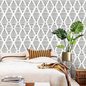 Yun-aeon 17.7" X 120" White and Black Stripe Peel and Stick Wallpaper Modern Diamond Contact Paper Geometric Removable Wallpaper Self Adhesive Wall Paper for Bedroom Drawers Cabinets Decor Vinyl