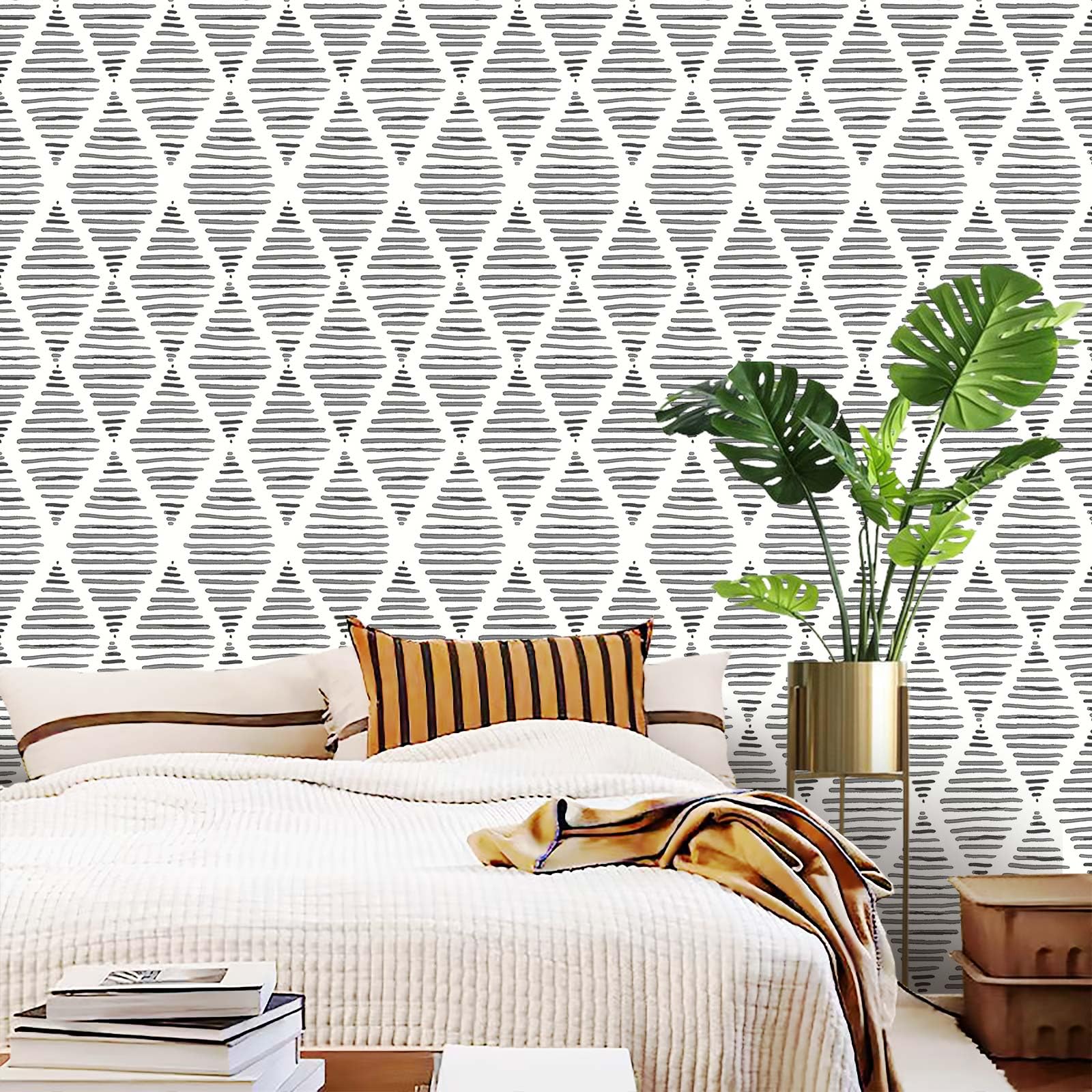 Yun-aeon 17.7" X 120" White and Black Stripe Peel and Stick Wallpaper Modern Diamond Contact Paper Geometric Removable Wallpaper Self Adhesive Wall Paper for Bedroom Drawers Cabinets Decor Vinyl