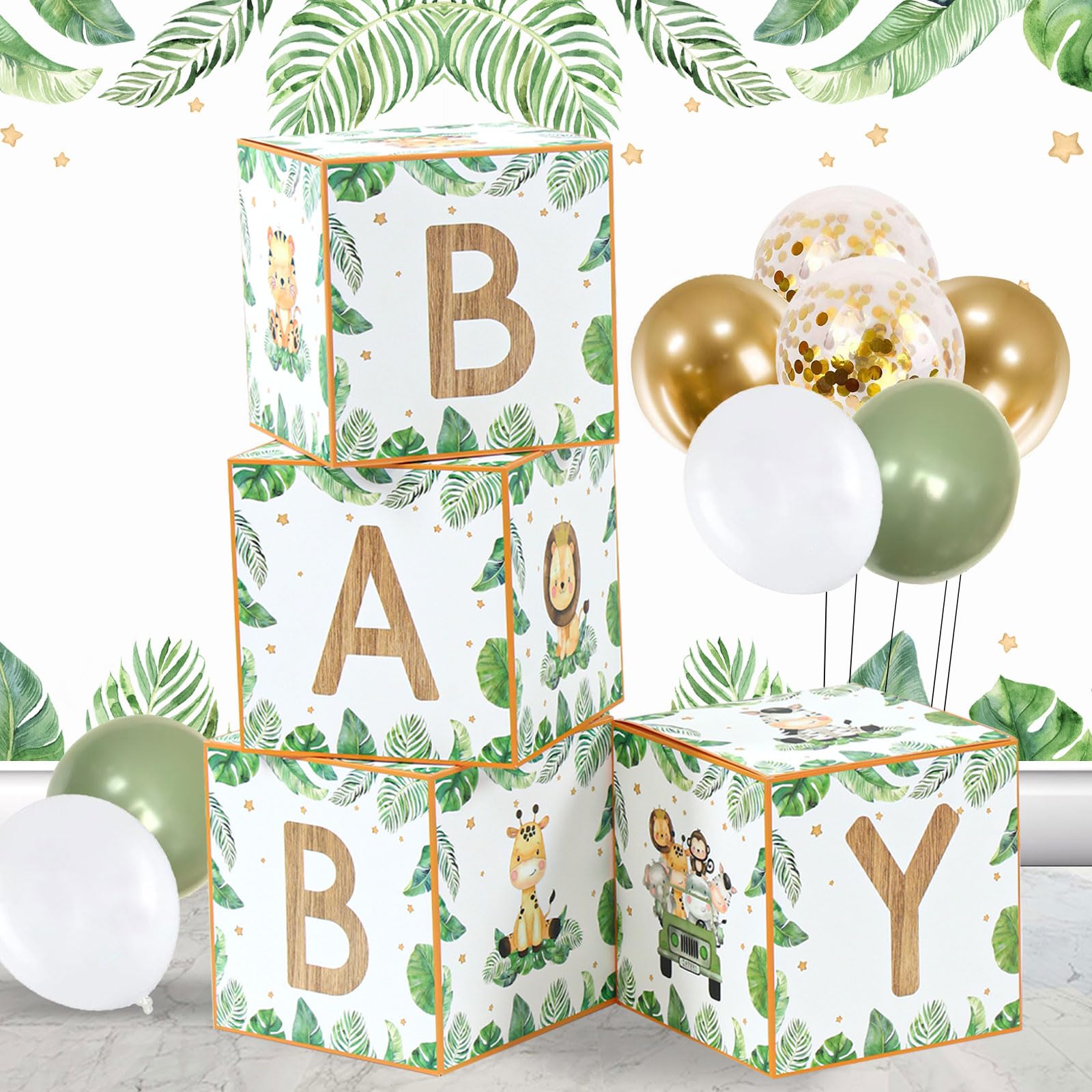 Safari Baby Boxes for Baby Shower Decorations - 4pcs Sage Green Woodland Animal Balloon Boxes ，Safari Baby Shower Decorations for Boy Jungle Birthday Party， Wild One Party Backdrop Decor Supplies