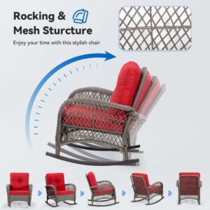 MeetLeisure Patio Wicker Rocking Chair - All-Weather Outdoor Rocker Chair with Safe Rocking Design and Premium Fabric Cushions (Mixed Grey/Red)