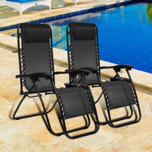 LUIBAS Zero Gravity Chair, Foldable Outdoor Reclining Lawn Chair with Adjustable Headrest and Cup Holder, Patio Lounge Recliner for Garden Poolside Camp Yard, 2 Packs, Black