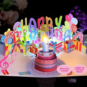 yinqing birthday gift cards, light and music happy birthday card, 3d pop up birthday card with blowable candle for women men kids husband wife mom dad daughter.