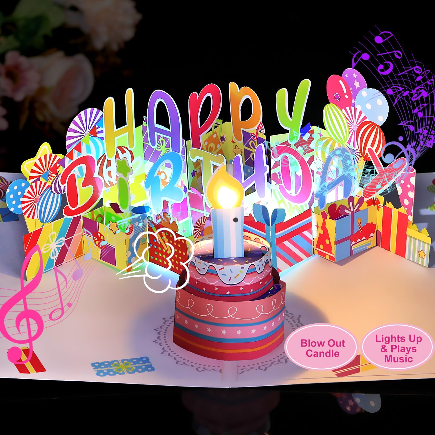 Yinqing Birthday Gift Cards, Light and Music Happy Birthday Card, 3D Pop Up Birthday Card with Blowable Candle for Women Men Kids Husband Wife Mom Dad Daughter.