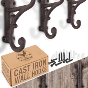 Rustic Cast Iron Coat Hooks (3 Pack) Rustic Dark Brown, Wall Mounted, Farmhouse Decorative, Heavy Duty Wall Hooks for Hanging Coats, Hats, Towels (Mounting Hardware Included)