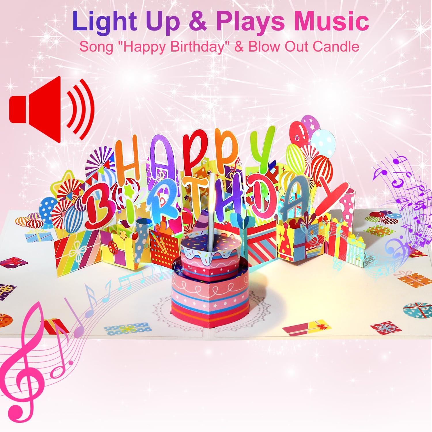 Yinqing Birthday Gift Cards, Light and Music Happy Birthday Card, 3D Pop Up Birthday Card with Blowable Candle for Women Men Kids Husband Wife Mom Dad Daughter.