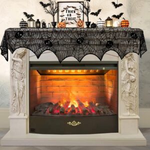 aerwo halloween decorations indoor halloween fireplace mantel scarf, black lace spiderweb fireplace cover for halloween mantle decor festive party supplies,18 x 98 inch