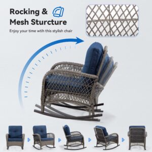 MeetLeisure Patio Wicker Rocking Chair Set of 2 - All-Weather Outdoor Rocker Chair Two Pieces with Safe Rocking Design and Premium Fabric Cushions (Mixed Grey/Blue)