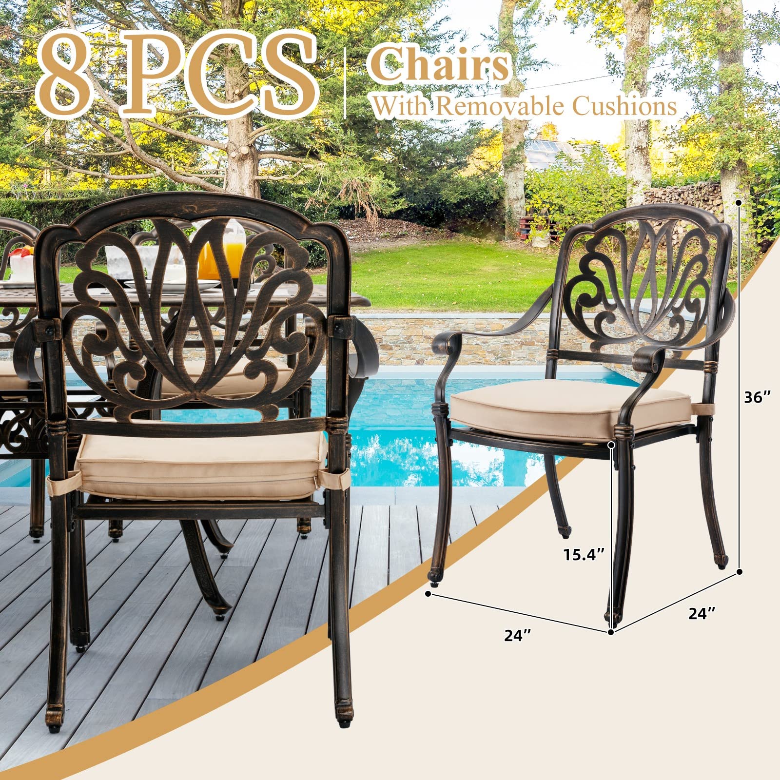 Attliahome 2-Pack Outdoor Cast Aluminum Dining Chairs Set - All-Weather Patio Chairs with Removable Cushions and Armrests and Backrests for Bistro, Restaurant, Garden, Backyard