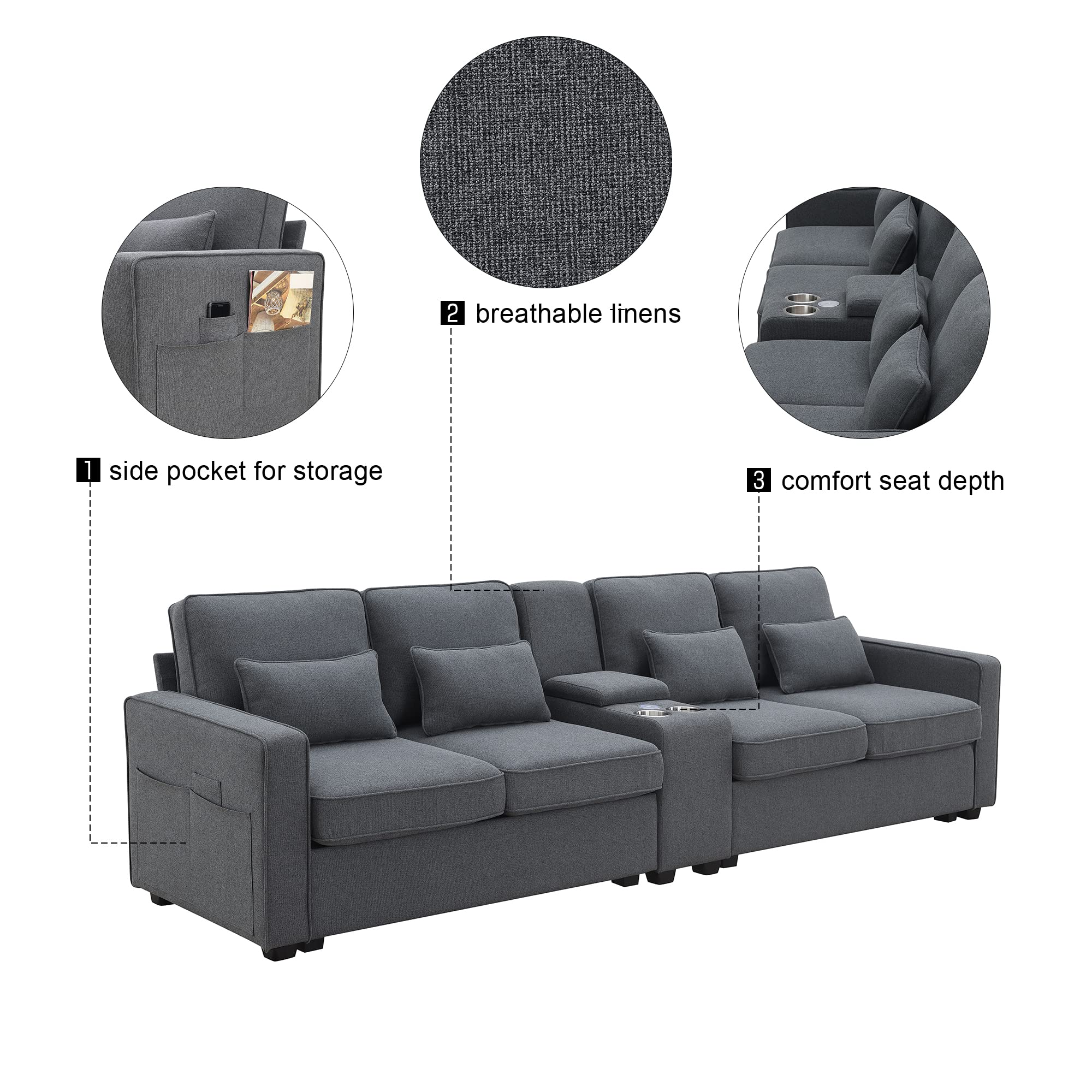 WILLIAMSPACE 114.2" Upholstered Sofa Couch for Living Room, Modern 4 Seater Sofa Fabric Couches with Storageable Coffee Table and 2 Cupholders, 2 USB Ports Wired or Wirelessly Charged (Dark Grey)