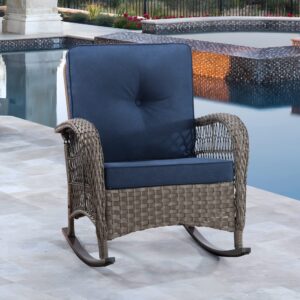 MeetLeisure Patio Wicker Rocking Chair - All-Weather Outdoor Rocker Chair with Safe Rocking Design and Premium Fabric Cushions (Mixed Grey/Blue)