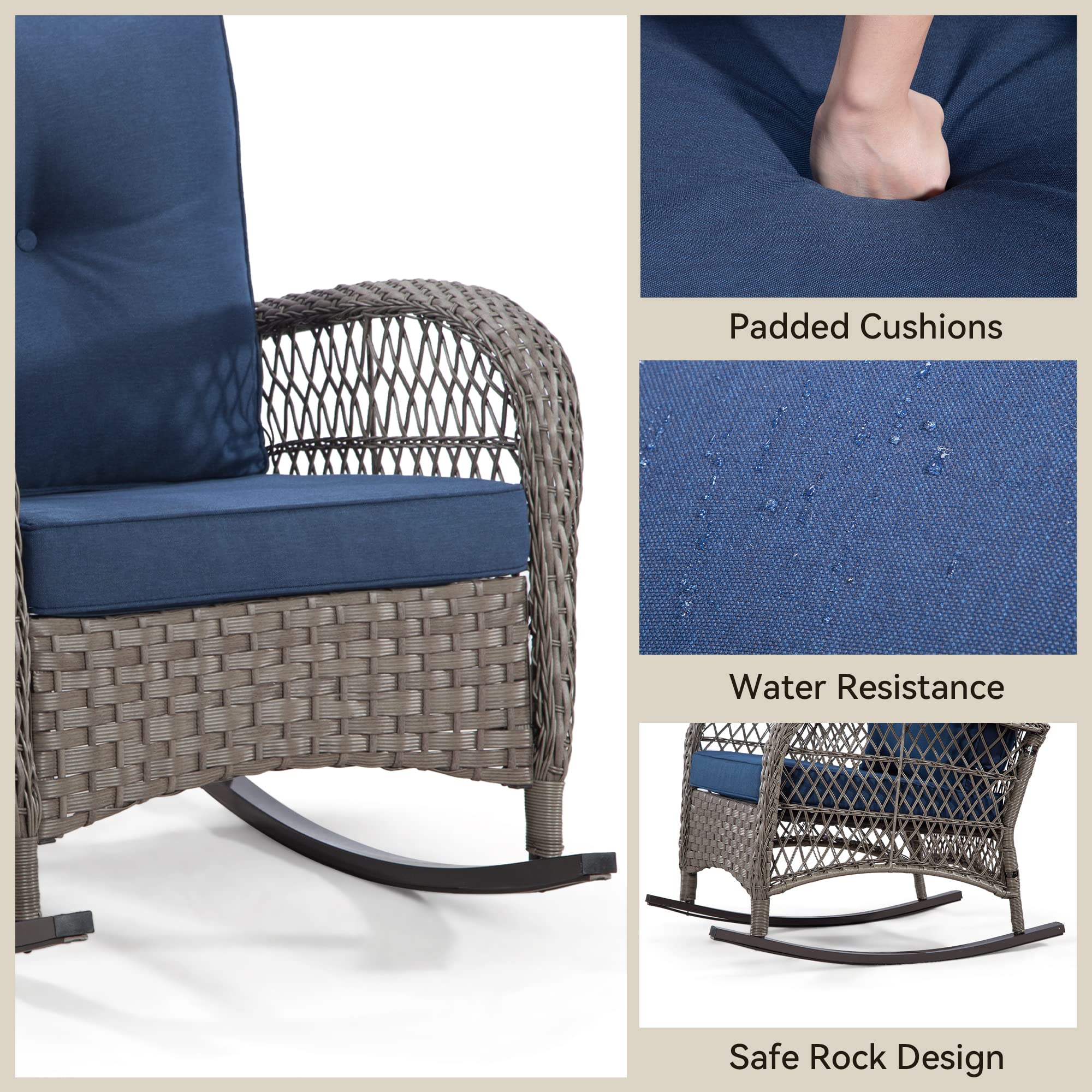 MeetLeisure Patio Wicker Rocking Chair - All-Weather Outdoor Rocker Chair with Safe Rocking Design and Premium Fabric Cushions (Mixed Grey/Blue)