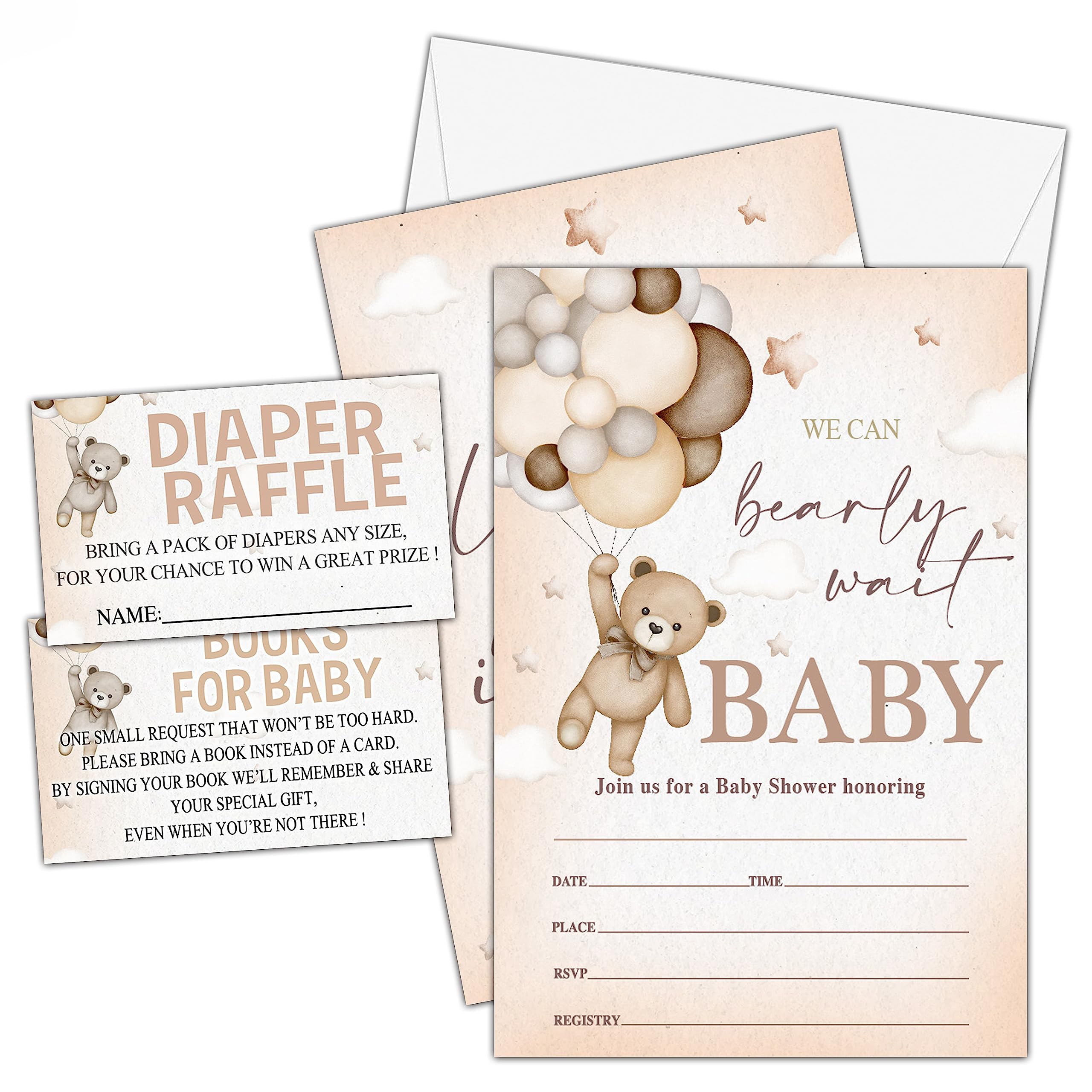 TIOFUNO Set of 25 Baby Shower Invitations, Balloon Bear Gender Reveal Party Invites with Envelopes, Book Request Cards, Diaper Raffle Tickets for Party Decorations Supplies - B12