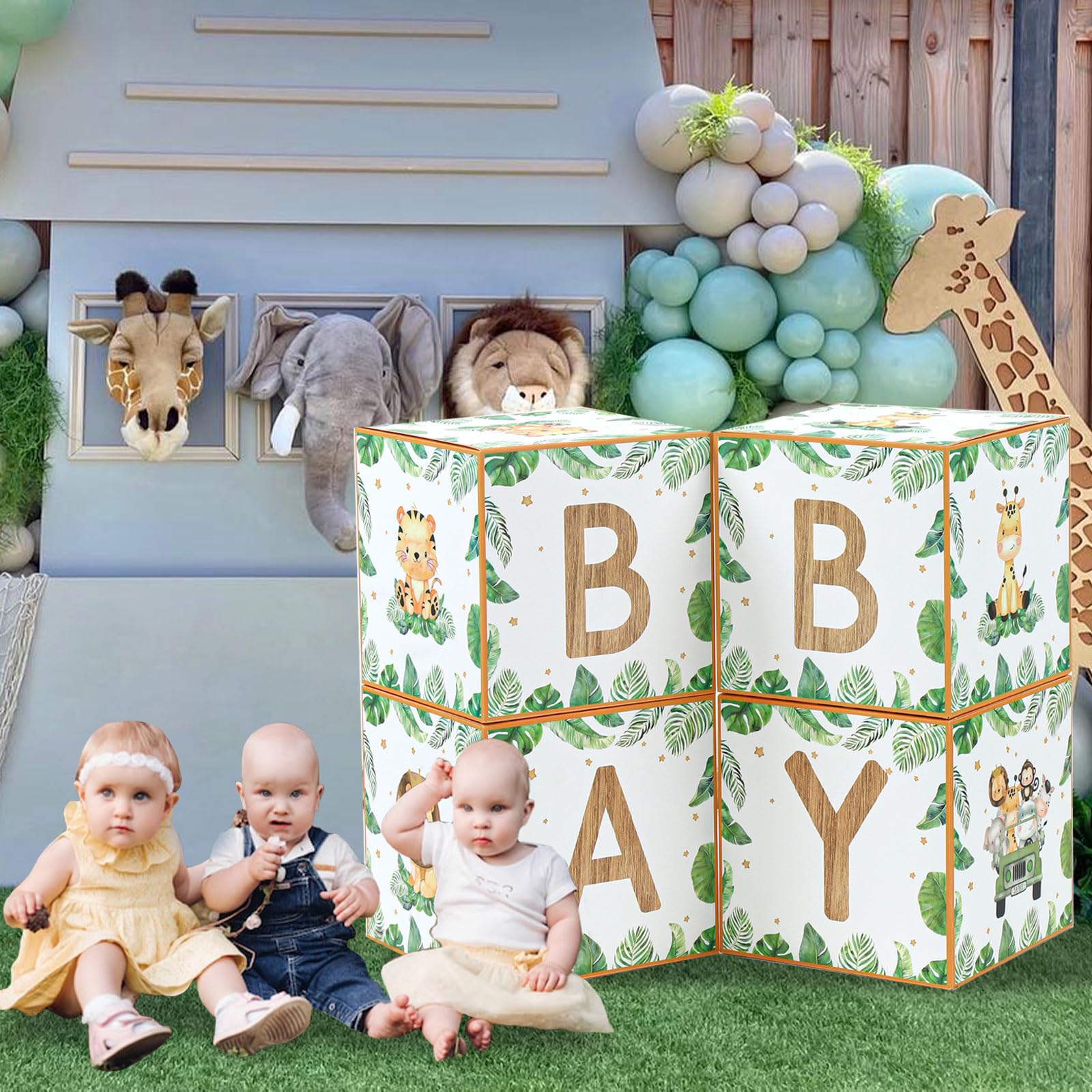 Safari Baby Boxes for Baby Shower Decorations - 4pcs Sage Green Woodland Animal Balloon Boxes ，Safari Baby Shower Decorations for Boy Jungle Birthday Party， Wild One Party Backdrop Decor Supplies