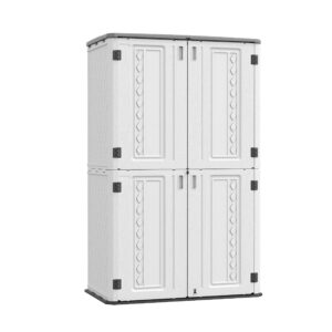 addok vertical outdoor storage cabinet,hdep storage shed weather resistance,outdoor storage for long-handle tool,lawnmower, garden accessories,patio/balcony 52 cu.ft(white)