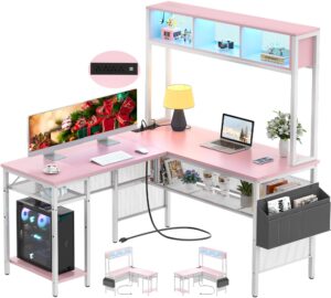 unikito l shaped computer desk with led strip and power outlets, reversible l-shaped corner desk with storage shelves and bag, industrial home office desk gaming table with usb port, pink