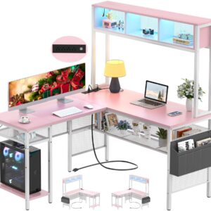 Unikito L Shaped Computer Desk with LED Strip and Power Outlets, Reversible L-Shaped Corner Desk with Storage Shelves and Bag, Industrial Home Office Desk Gaming Table with USB Port, Pink