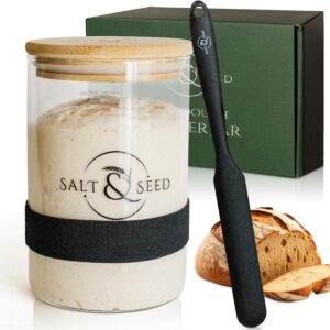 essential sourdough starter jar kit (34 oz.) - sourdough jar wide mouth with black silicone spatula, elastic tracking band, and bamboo lid- sourdough kit - sourdough starter kit beginners