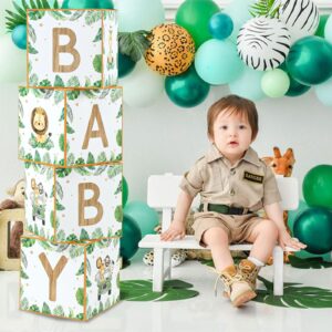 Safari Baby Boxes for Baby Shower Decorations - 4pcs Sage Green Woodland Animal Balloon Boxes ，Safari Baby Shower Decorations for Boy Jungle Birthday Party， Wild One Party Backdrop Decor Supplies