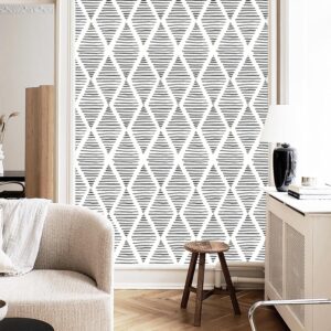 Yun-aeon 17.7" X 120" White and Black Stripe Peel and Stick Wallpaper Modern Diamond Contact Paper Geometric Removable Wallpaper Self Adhesive Wall Paper for Bedroom Drawers Cabinets Decor Vinyl