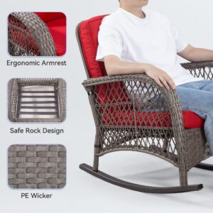 MeetLeisure Patio Wicker Rocking Chair - All-Weather Outdoor Rocker Chair with Safe Rocking Design and Premium Fabric Cushions (Mixed Grey/Red)