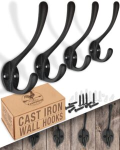 my fancy farmhouse rustic cast iron coat hooks (4 pack) wall mounted farmhouse decorative wall hooks, vintage hooks for hanging coats, bags, hats, towels (powder coated black)